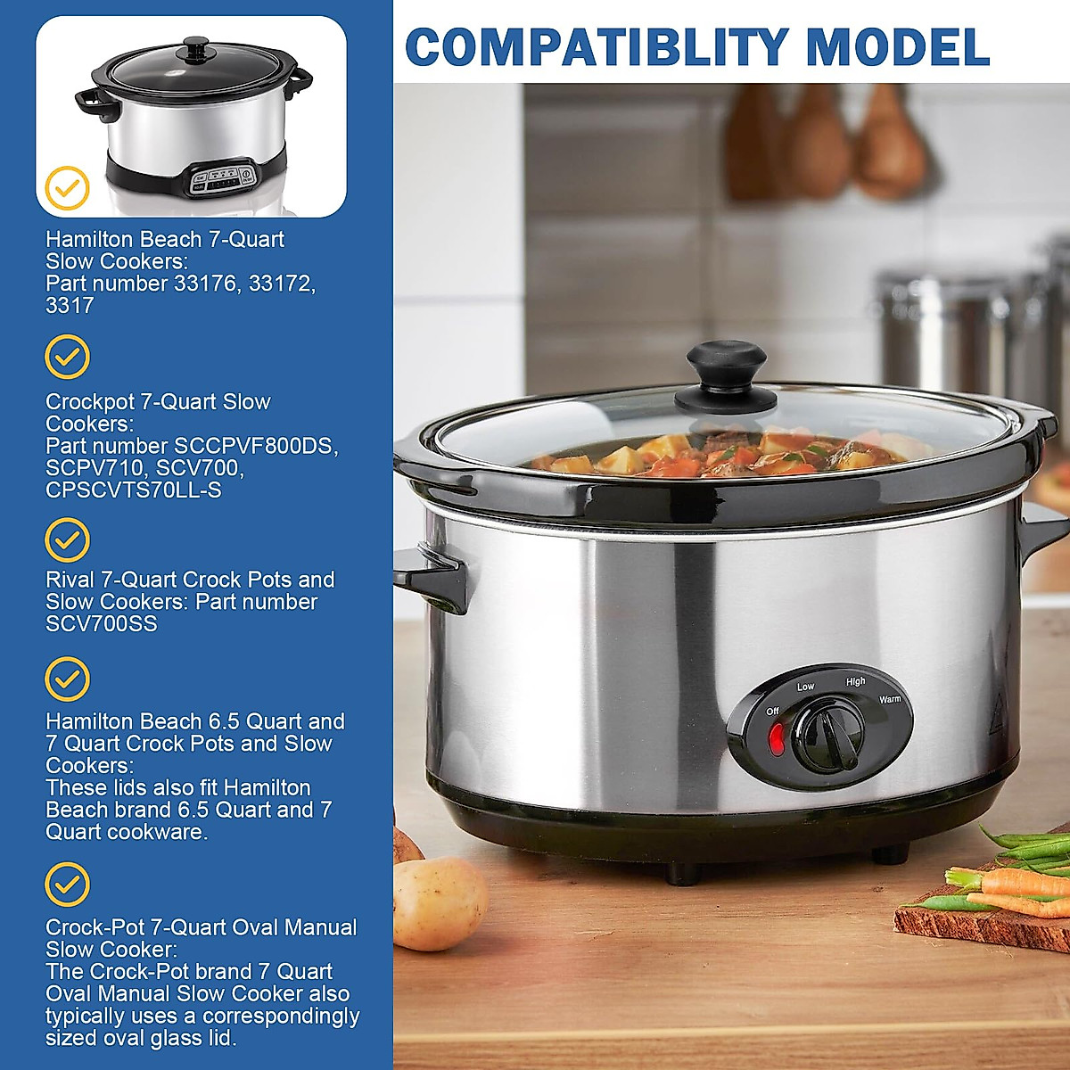 Oval Glass Crock Pot Lid 7 Quart Replacement for Oval lid Rival Crock Pot Slow Cooker SCV700-CH-BR, SCV700SS and Hamilton Beach Slow Cooker Lids Replacement Oval 7 Quart 33474G.