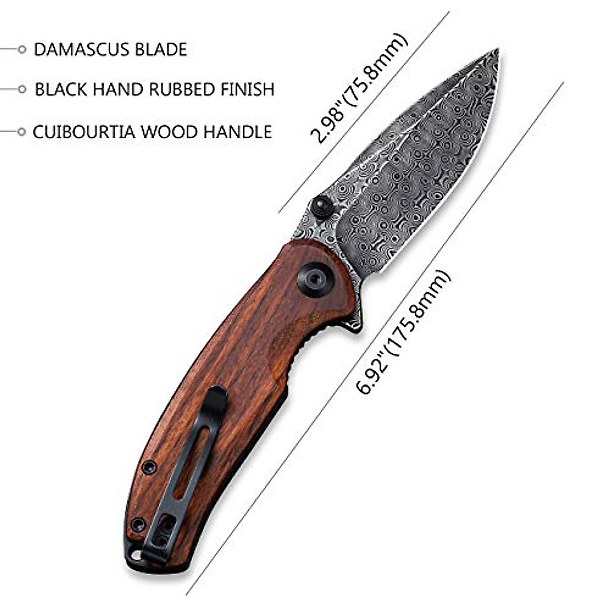 CIVIVI Pintail Flipper Pocket Knife for EDC, Liner Lock Knife 2.97'' Damascus Blade Cuibourtia Wood Handle C2020DS-2
