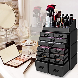 HBlife Makeup Organizer Acrylic Cosmetic Storage Drawers and Jewelry Display Box with 12 Drawers, 9.5 x 5.4 x15.8 Inches, Black
