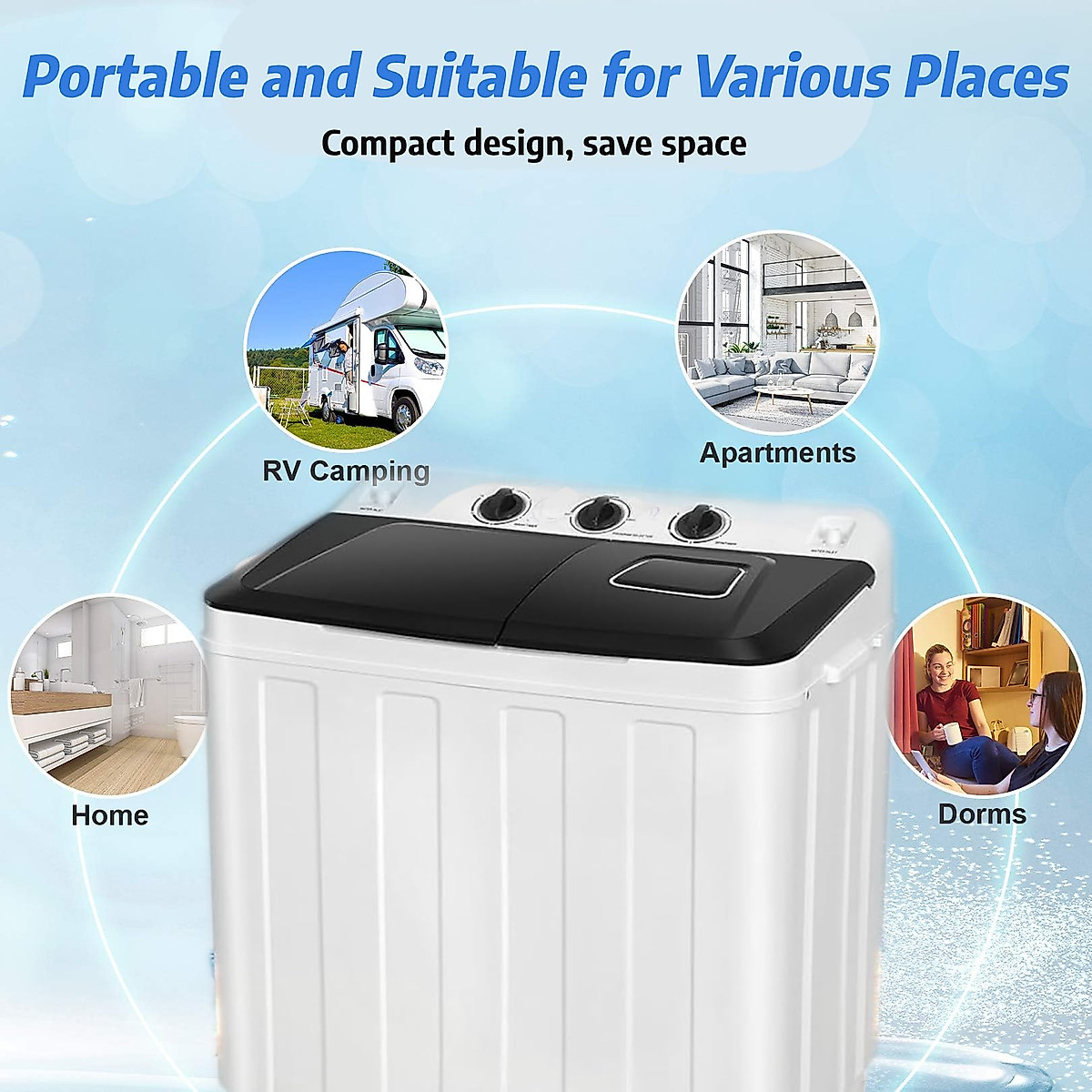 Nictemaw Portable Washing Machine Twin Tub 30Lbs Washer and Spin Dryer Combo, Compact Laundry Washer (19Lbs) and Spinner (11Lbs) with Built-in Drain Pump for Apartment,RV,Dorms, Black+White