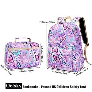 OctSky Backpack for Girls Kids Backpack Elementary Bookbags Teens Middle School Backpack with Lunch Box Water-repellent Lightweight Butterfly Purple