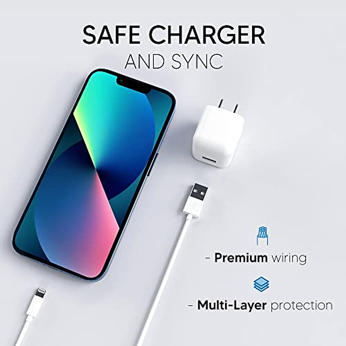 TalkWorks USB Cable Compatible w/ iPhone 14/14 Plus/14 Pro/14 Pro Max, 13/Mini/Pro/Pro Max, 12/Mini/Pro/ProMax, Phone, AirPods, iPad - 5' Lightning Cable Wall Charger Adapter - MFI Certified (White)