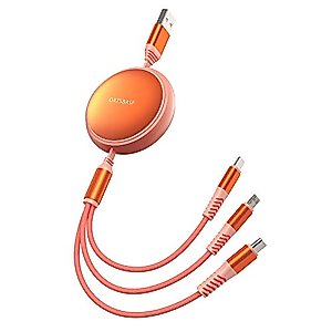 OATSBASF Multi USB Charger Cable Retractable 3 in 1 Multiple Charging Cord Adapter with Mini Type C/Micro USB/Phone Port/Holder, Compatible with Phone 14 13 12 11 X/Tablets Universal Use (B Orange)