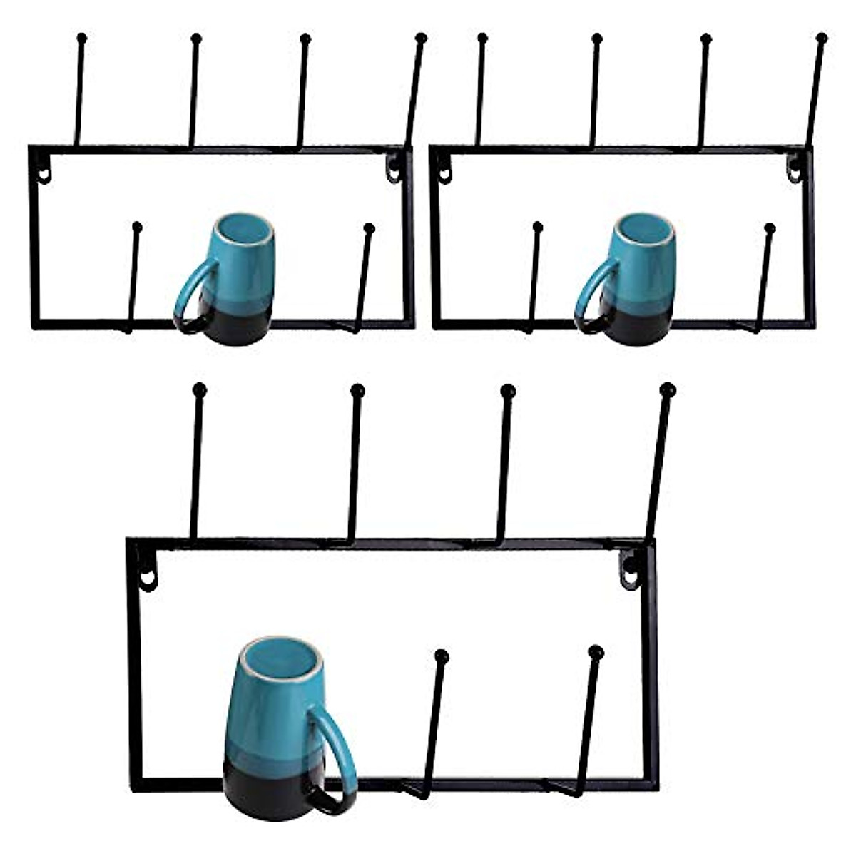 Jucoan 3 Pack Metal Coffee Mug Rack, Wall Mounted Coffee Mug Holder Cup Organizer Hanging Rack with Total 21 Cup Hangers for Home Kitchen Coffee Bar