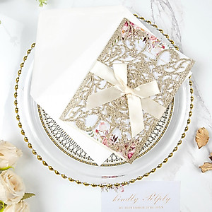 Maffily 50pcs Gold Glitter Laser Cut Invitation Pocket Blank Wedding Invitations with Envelopes And Rsvp Cards Ribbons for Wedding Quinceanera Bridal Shower Engagement Party Invite