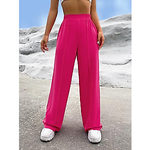 Verdusa Women's Elastic High Waist Solid Straight Leg Pants Casual Long Trousers Hot Pink M