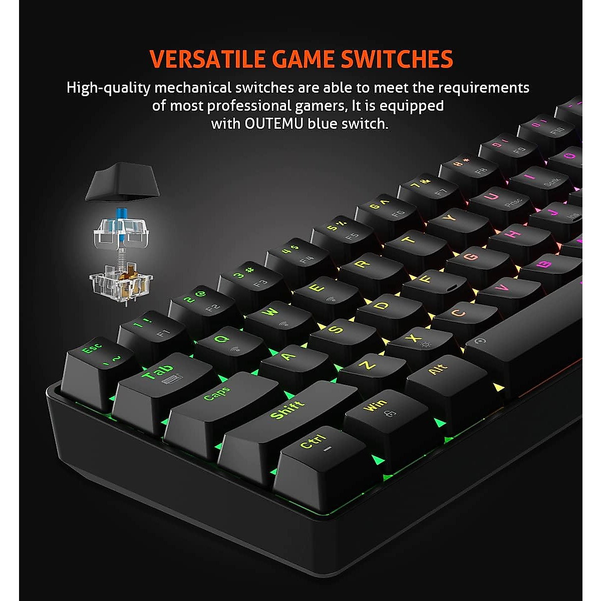 MEETION RGB Backlit Mini 61 Keys Wired 60% Mini Blue Switch Mechanical Keyboard Black MT-MK005