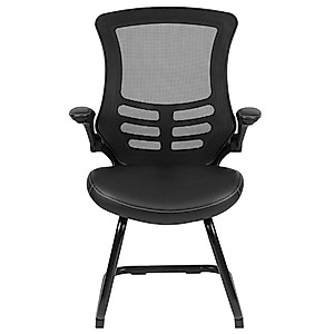 Flash Furniture Kelista Black Mesh Sled Base Side Reception Chair with White Stitched LeatherSoft Seat and Flip-Up Arms