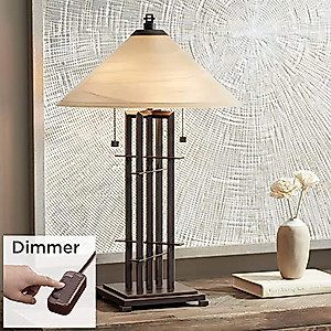 Franklin Iron Works Metro Planes 'n' Posts Rustic Farmhouse Accent Table Lamp 23 1/2" High with Dimmer Bronze Metal Alabaster Art Glass Shade for Bedroom Living Room House Home Bedside Nightstand