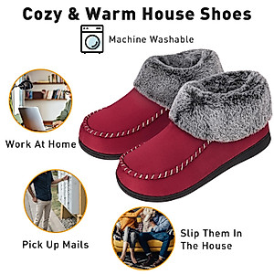 VONMAY Women's Bootie Slippers Suede Moccasin Boots Fuzzy Plush Faux Fur House Shoes Winter Warm Memory Foam Non-slip Indoor Outdoor, Red, Size 11