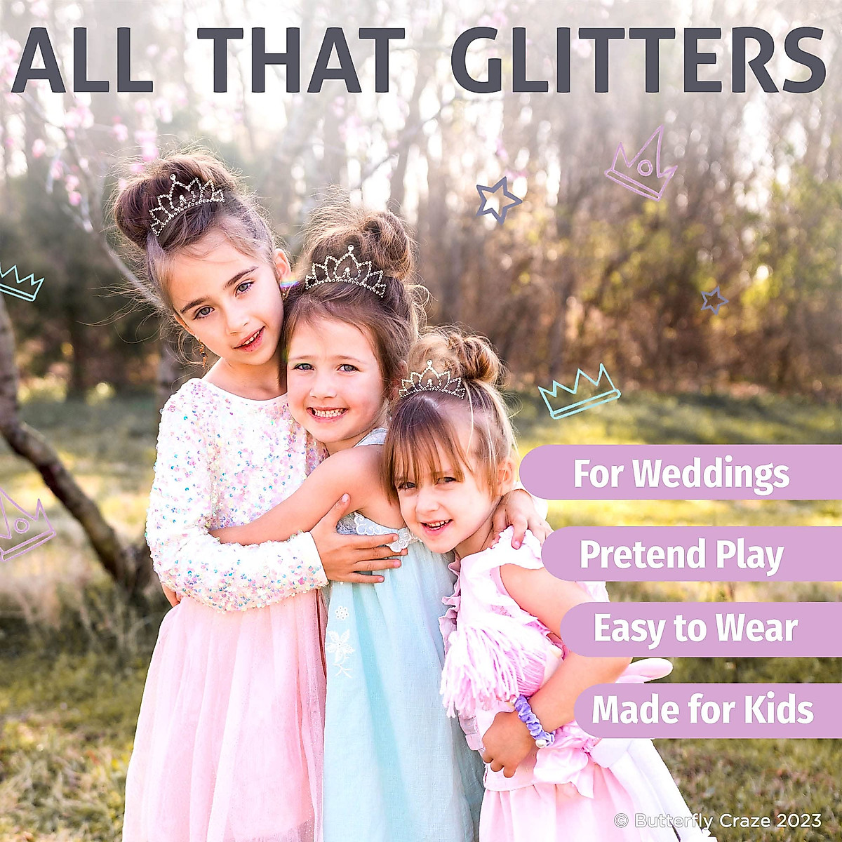 Butterfly Craze Princess Crown Comb Mini Tiara for Kids - Ideal for Wedding Entourage like Flower Girls, Add a Touch of Royalty to Your Child's Birthday Party, Perfect for Dress Up, Pretend Play