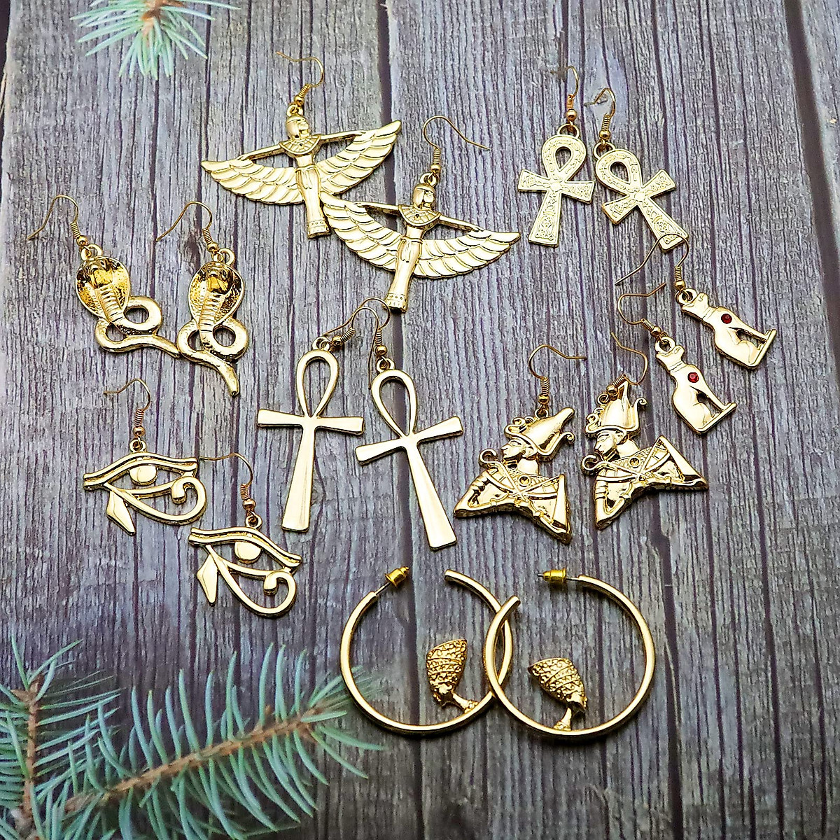 RechicGu 8 Pairs Women Egyptian Ancient Costume Dangle Set Earrings Cross Snake Hoop Studs Drop Vintage Jewelry Accessory Statement Polish Gold…