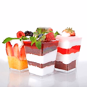 Delightz [50 Pack] 5.Oz Small Clear Plastic Dessert Cups, Disposable Mini Square Appetizer / Shooter Cup For Parfait, Desserts, Pudding, Yogurt.