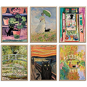Funny Black Cat Posters For Room Aesthetic Set of 6 Canvas Artwork Vintage Monet Matisse Wall Art Poster For Living Room Bathroom Bedroom Decor 08X10Inch UNFRAMED