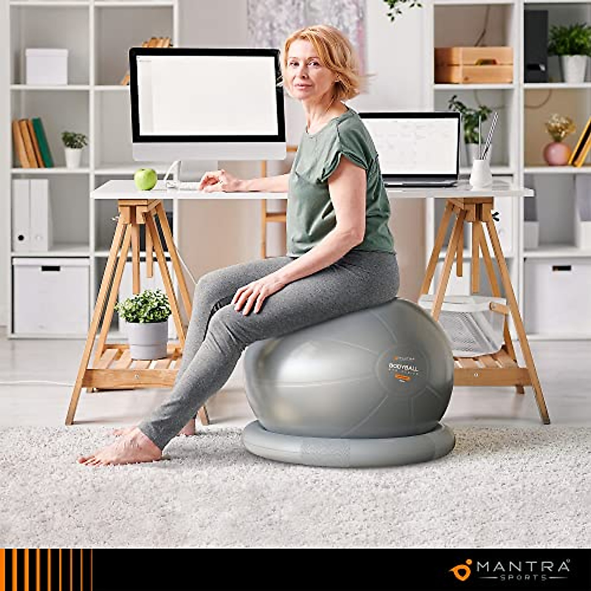 Exercise Ball Chair, Yoga Ball Chair With Resistance Bands, Pregnancy Ball with Stability Base & Poster. Balance Ball Chair Pilates Ball for Fitness, Home Gym, Physio, Birthing, Office & Working Out