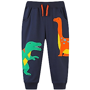 Bumeex Kids Little Toddler Boys Clothes Sweatpant Pants Cotton Jogger Sweat Pant Outfits Clothing Navy Dinosaur and Excavator 3t
