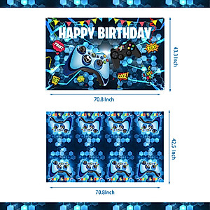 Mpanwen Blue Gamer Birthday Party Decoration - 218Pcs Video Game Gaming Party Supplies For Boys Birthday Party - Backdrop, Table Cover, Cupcakes Wrappers, Stickers, Bracelets Serves 10 Guests