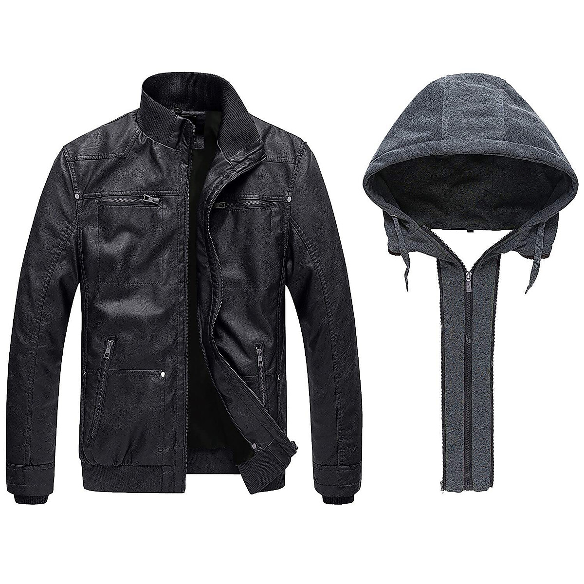 wantdo Men's Spring Faux Leather Jacket with Hood Outdoor Jacket Black Large (Lightweight)