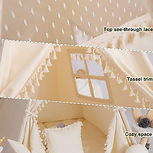 TreeBud Kids Teepee Tent with Padded Mat, Banner, Fairy Lights, Yarn Ball, Carry Bag, Beige Cotton Canvas Play Tent for Child with Tassels Lace, Play House Tipi for Kids Room Decor