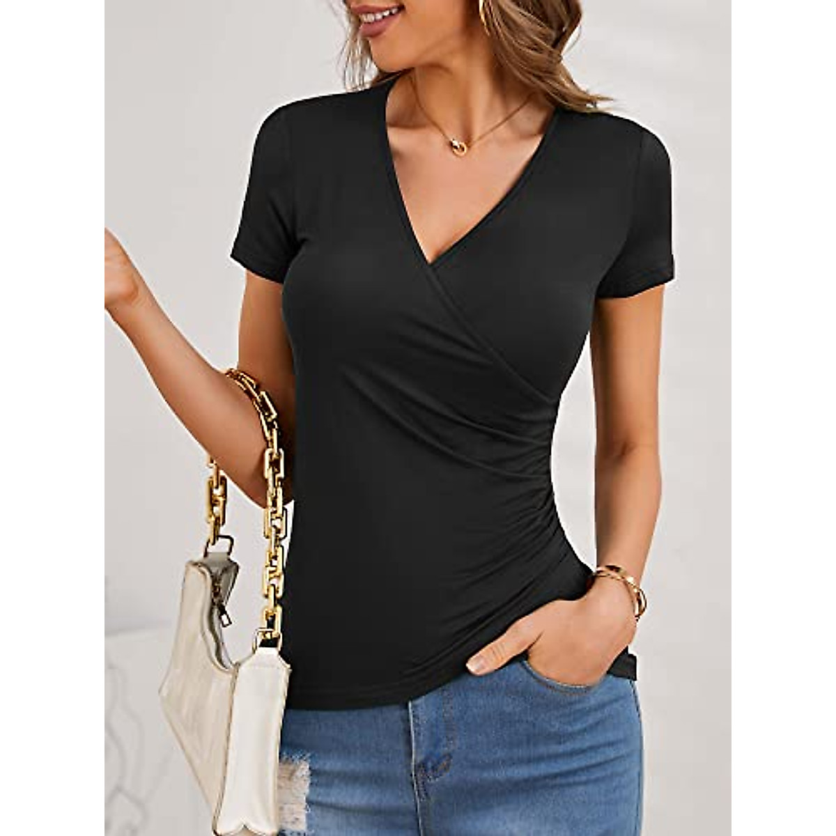 GUBERRY Black Shirts for Women Deep V Neck Short Sleeve Sexy Wrap Top T Shirt
