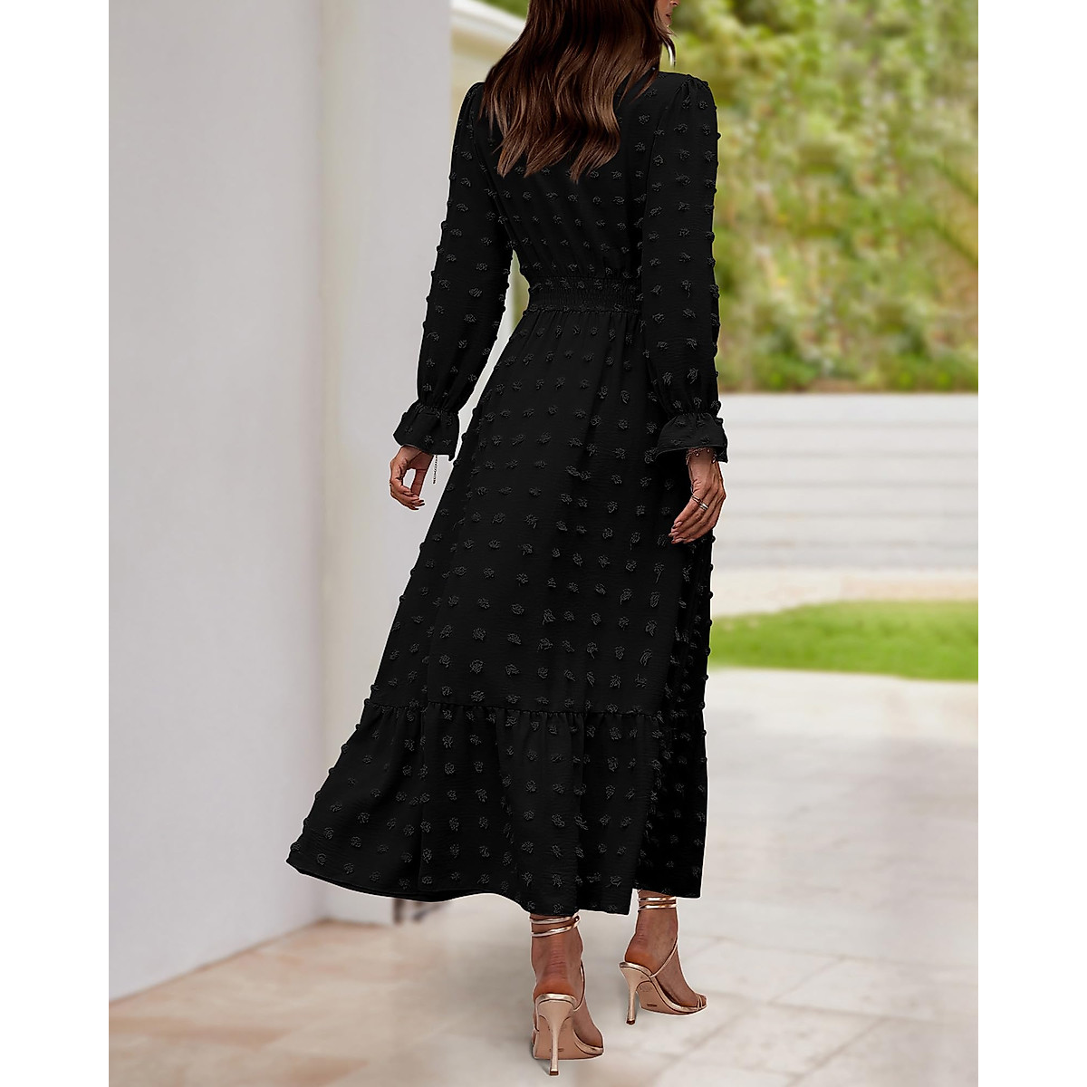 BTFBM Women Fall Dresses 2025 Long Sleeve V Neck Swiss Dots Maxi Dress Boho Long Dress High Waisted A-Line Ruffle Dress(Solid Black,Large)