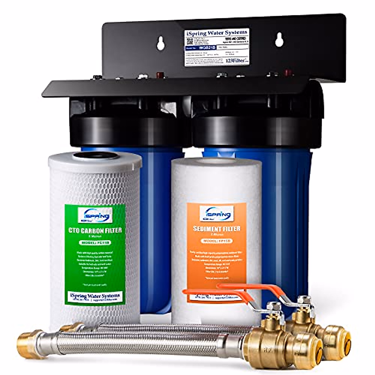iSpring WGB21B 2-Stage Whole House Water Filtration System with 3/4 inch Push-Fit Braided Stainless Steel Hose Connectors and Ball Valve
