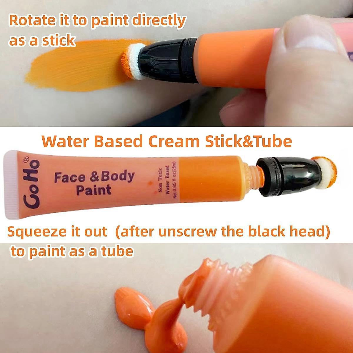 Go Ho Orange Face Paint Stick(0.85oz),Water Based Cream Orange Body Paint Washable,Liquid Concealer,Covers Oil-Free,Halloween Cosplay SFX Foundation Tiger Pumpkin Makeup