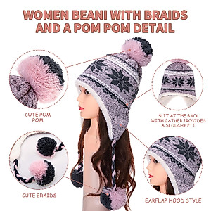 Dosoni Winter Hats for Women Knit Beanie Soft Warm Fleece Lined Long Ear Straps Snow Ski Cap with Pompom Pink