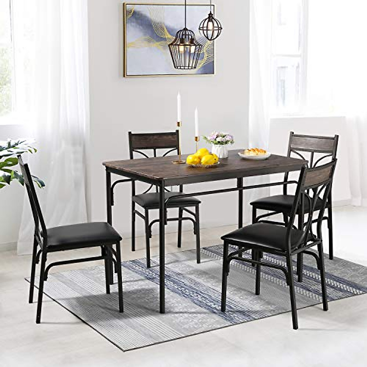 VECELO 5 Piece Kitchen Room Chairs Set for Home, Dinette, Breakfast Nook, Farmhouse, Small Space, Dining Table for 4, Dark Brown