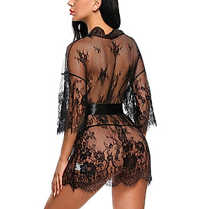 Avidlove lace nightgown lingerie Women's Lace Kimono Robe Babydoll Lingerie Mesh Nightgown Black XL