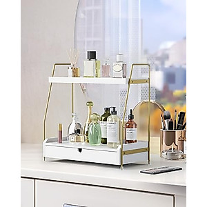 MONVANE 2-Tier Bathroom Organizer Countertop - Solid Wood Bathroom Counter Organizer with Drawer, Simple Standing Vanity Tray for Bathroom Organization and Bathroom Storage (White and Gold)