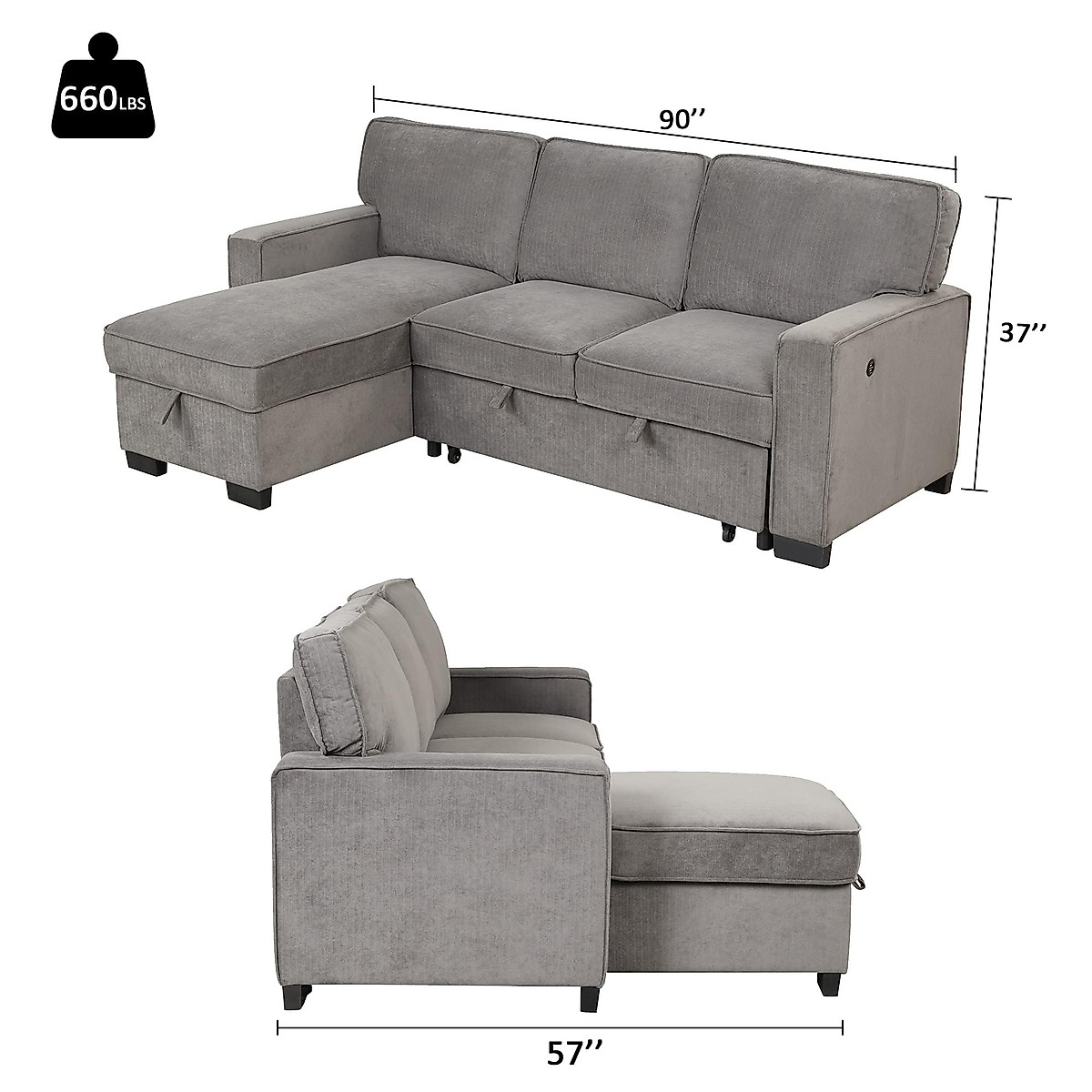 EBELLO Convertible Sleeper Sofa 3 in 1, Chenille Modern L-Shaped Couches for Living Room, Pull Out Sectional Futon Sofa Bed with Storage Space, USB Ports and Cup Holders for Bedroom, Grey