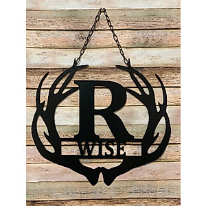 PK Décor Deer Antler Decor Family Last Name ACM Metal Sign For Man Cave, Couple Antler Initials, 18 or 24 inches, Last Minute Gift Idea for Him, Black, White, Silver, Gold