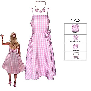 Lyxaof 4pcs Pink Costume Dress for Girls 2023 Movie Doll Cosplay Set Halloween Kids Costume with Shell Necklace for Birthday