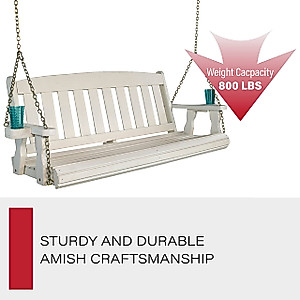 Amish Casual Heavy Duty 800 Lb Mission Treated Porch Swing with Hanging Chains and Cupholders (4 Foot, Semi-Solid White Stain)
