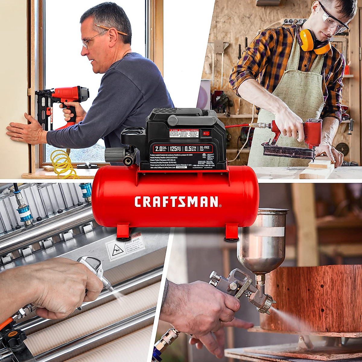 Craftsman Air Tools, 2 Gallon Portable Air Compressor 1/3 HP Oil-Free Max 125 PSI Pressure, Hot Dog, Model: CMXECXA0200243