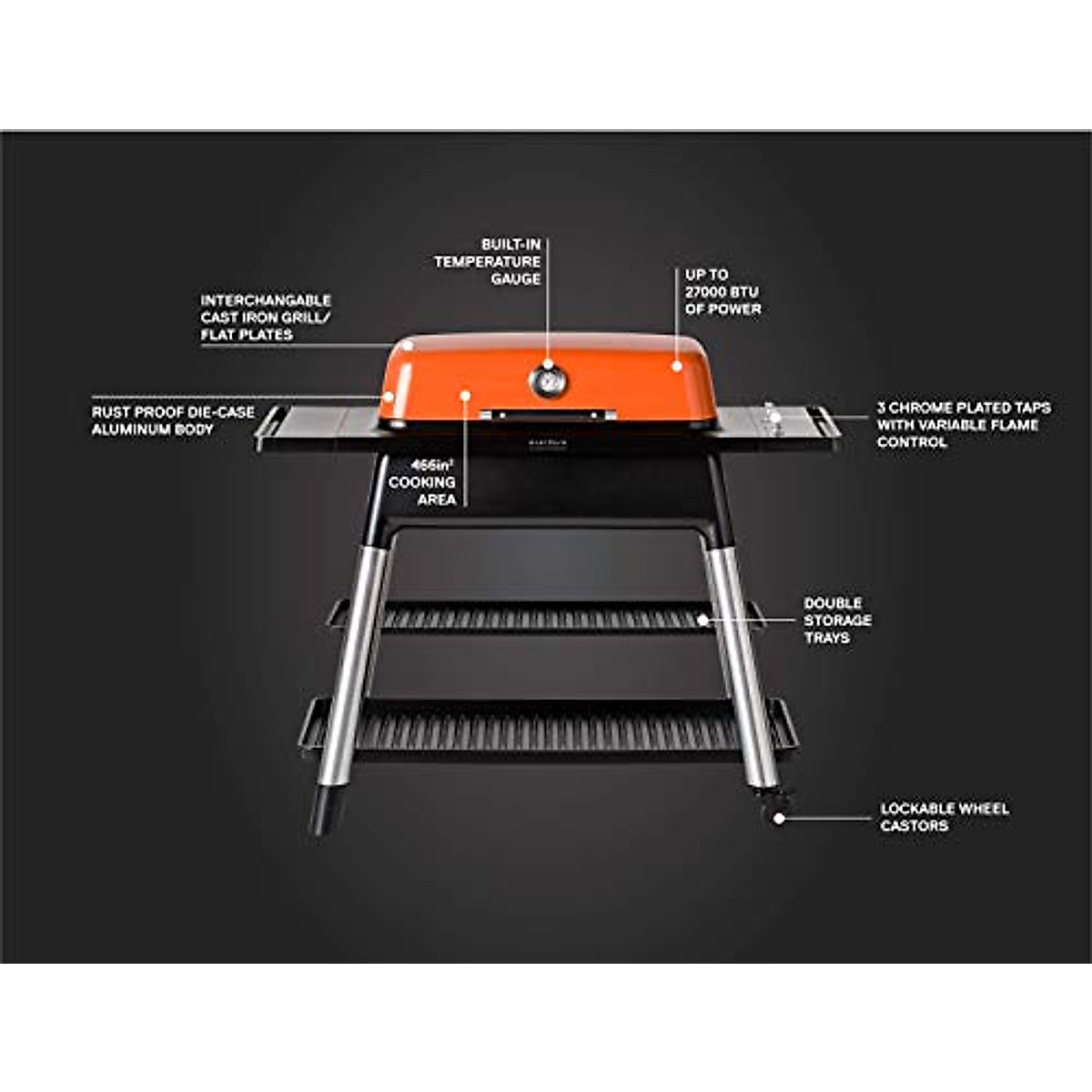 Everdure FURNACE 3-Burner Gas Grill, Liquid Propane Portable BBQ Grill with Die-Cast Aluminum Body and Fast-Ignition Technology, 466 Square Inches of Grilling Surface, Adjustable Height, Orange