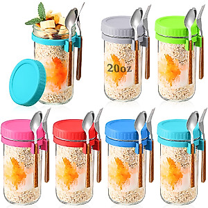 Dandat 6 Sets Overnight Oats Containers with Lids Spoons and Forks 20 oz Glass Mason Jars for Overnight Oats Overnight Oats Jars Large Capacity Airtight Jars for Milk Cereal Fruit Food Storage