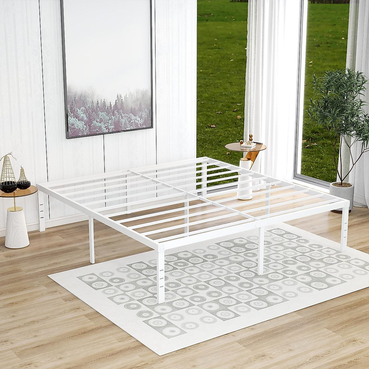 alazyhome 18 Inch Metal King Size Bed Frame Heavy Duty Platform Noise Free Steel Slat Support Easy Assembly Noise Free No Box Spring Required White