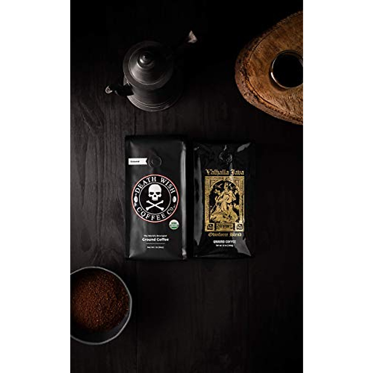 Death Wish Coffee Co. Dark Roast Grounds 16 Oz & Valhalla Java Dark Ground Coffee 12 Oz- Extra Kick of Caffeine in 1 Powerful Bundle - Hardcore Coffee from Arabica & Robusta Beans for Tough Days