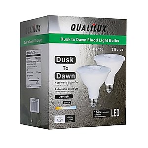 Qualilux Dusk to Dawn PAR38 LED Light Bulbs, Daylight 5000K, 150W Equivalent, 1700LM, Auto On/Off Light Sensor Bulb, E26, 17W 2 Pack, HQ-H033