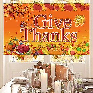 GIVE Thanks Extra Large Fabric Sign Poster Banner Backdrop for Thanksgiving Day Party Decorations with Pattern Pumpkin Maple Leaf Turkey Corn Fruit Welcome Autumn Hang Outdoor Indoor 43.3"x70.8"