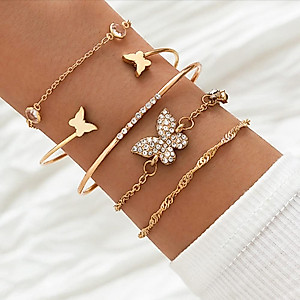 Fuqimanman2020 Bohemian 5pcs Butterfly Crystal Bangle Set Butterfly Open Bracelet for Women-Gold