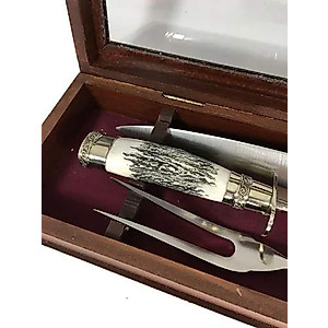 Carving set with deer handle and double nickel silver and steel ferrule in a wooden box with a glass lid