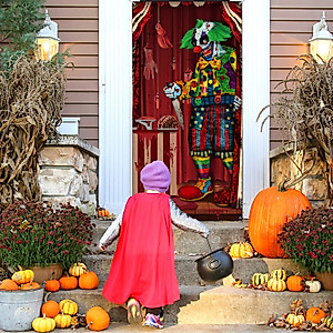 Halloween Decorations Large Evil Clown Door Cover Fabric Halloween Door Banner Backdrop Background Clown Theme Front Door Cover for Halloween Party Haunted House Photo Props Supplies, 70.9 x 35.4 Inch