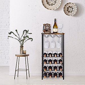 Wine Rack Table, FreeStanding Wine Bar Rack, Wine Bar Cabinet with GlassBottle Holder, Metal and Wood Industrial Wine Cabinet for Home, Floor Liquor Wine Cabinet Storage, for Bar Kitchen Dining, Brown