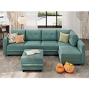 LLappuil Modular Sectional Sofa, Convertible L Shaped Sectional Couch with Storage, Faux Leather Fabric, Modular Sectionals with Chaise, 5 Seats with Ottoman Sofas for Living Room, Aqua Blue