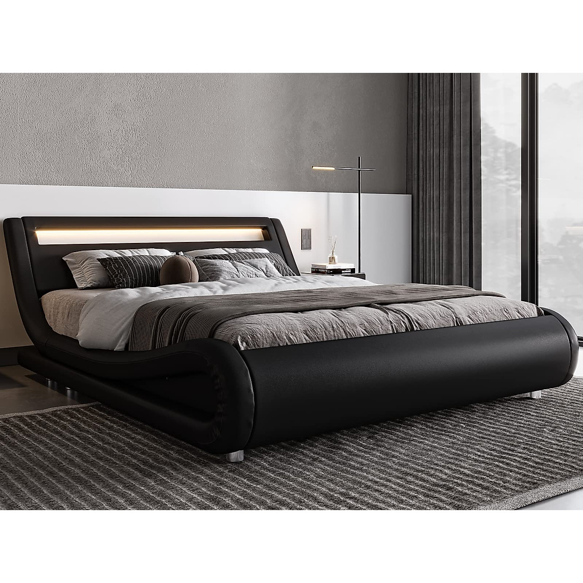 Allewie King Size LED Platform Bed Frame with Adjustable Headboard/No Box Spring Need/Easy Assembly/Faux Leather in Black