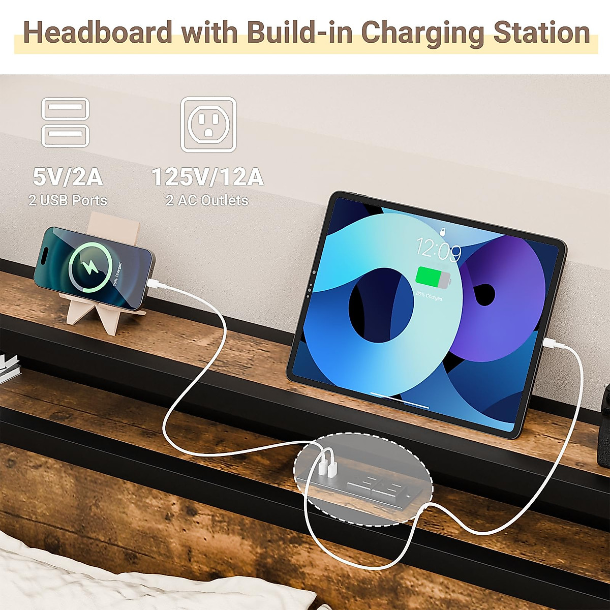 Zevemomo King Size Bed Frame with Headboard, Headboard with Charging Station, 2 USB Port & 2 AC Power Outlet, Modern King Metal Platfrom Bed Frame No Box Spring Needed, Sturdy & Assembly, Brown