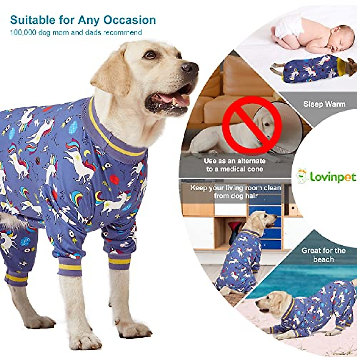 LovinPet Large Breed Dog Onesie Clothes, Slim Fit/Stretchy Knit, Unicorn Rocket Grey Print, Pet Anxiety Relief,Wound Care/Post Surgery Large Dog Shirt,UV Protection,Large Breed Dog Jammies PJ's/Large